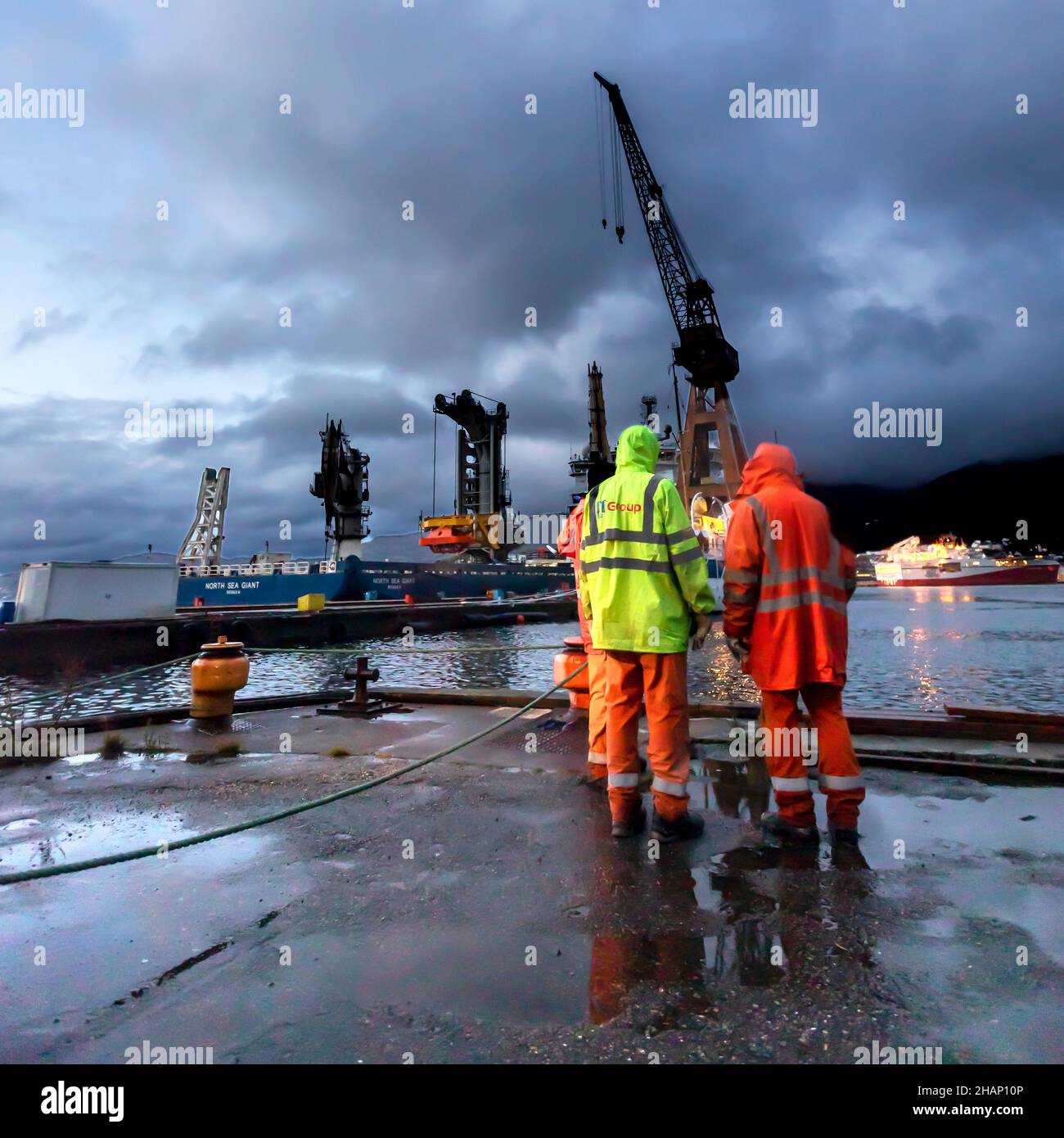 Workers at a drydock at old BMV shipyard at Laksevaag, near port of ...