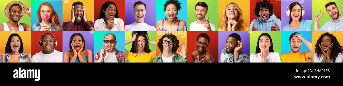 Multiracial millennial people expressing different emotions, set of ...