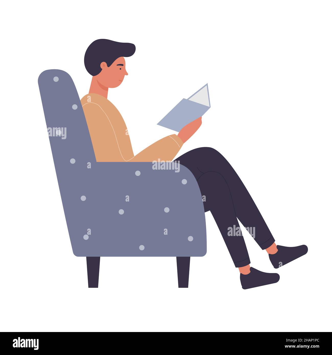 Relaxed young boy in cozy armchair reading book. Literature lover ...