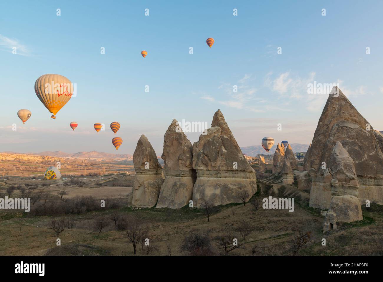 Hot-air balloons above the fairy chimneys of Cappadocia, Central ...