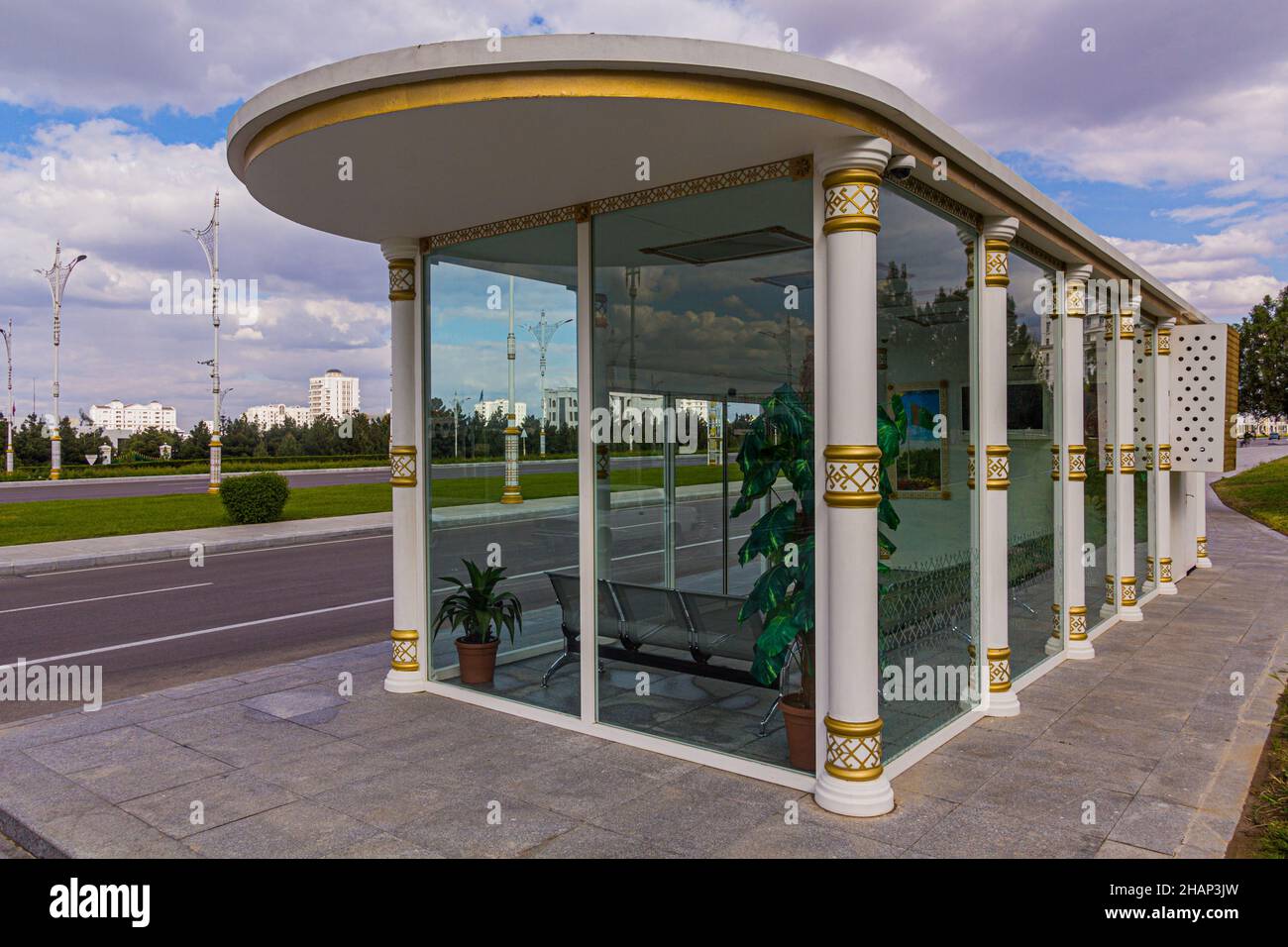 Air conditioned bus stop in modern Ashgabat, Turkmenistan Stock Photo ...