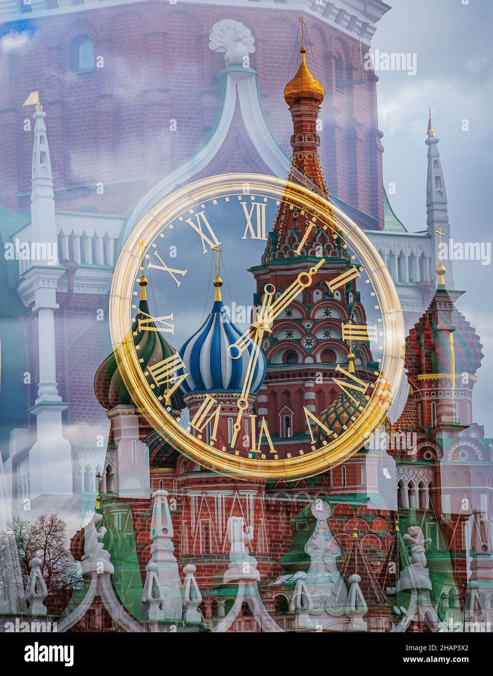 Views of Moscow. Multiple exposure. Chimes on the Spasskaya Tower of ...
