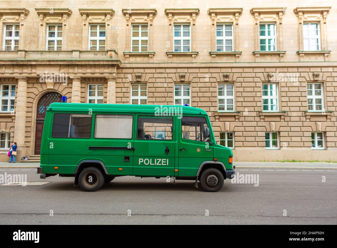 Old German police minibus with transparent glasses. Berlin, Germany ...