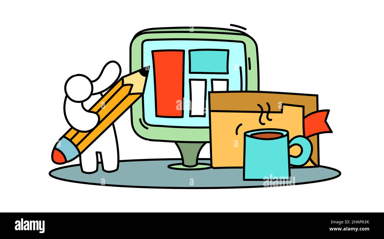 Creative doodle workplace people with computer, little human and coffee ...