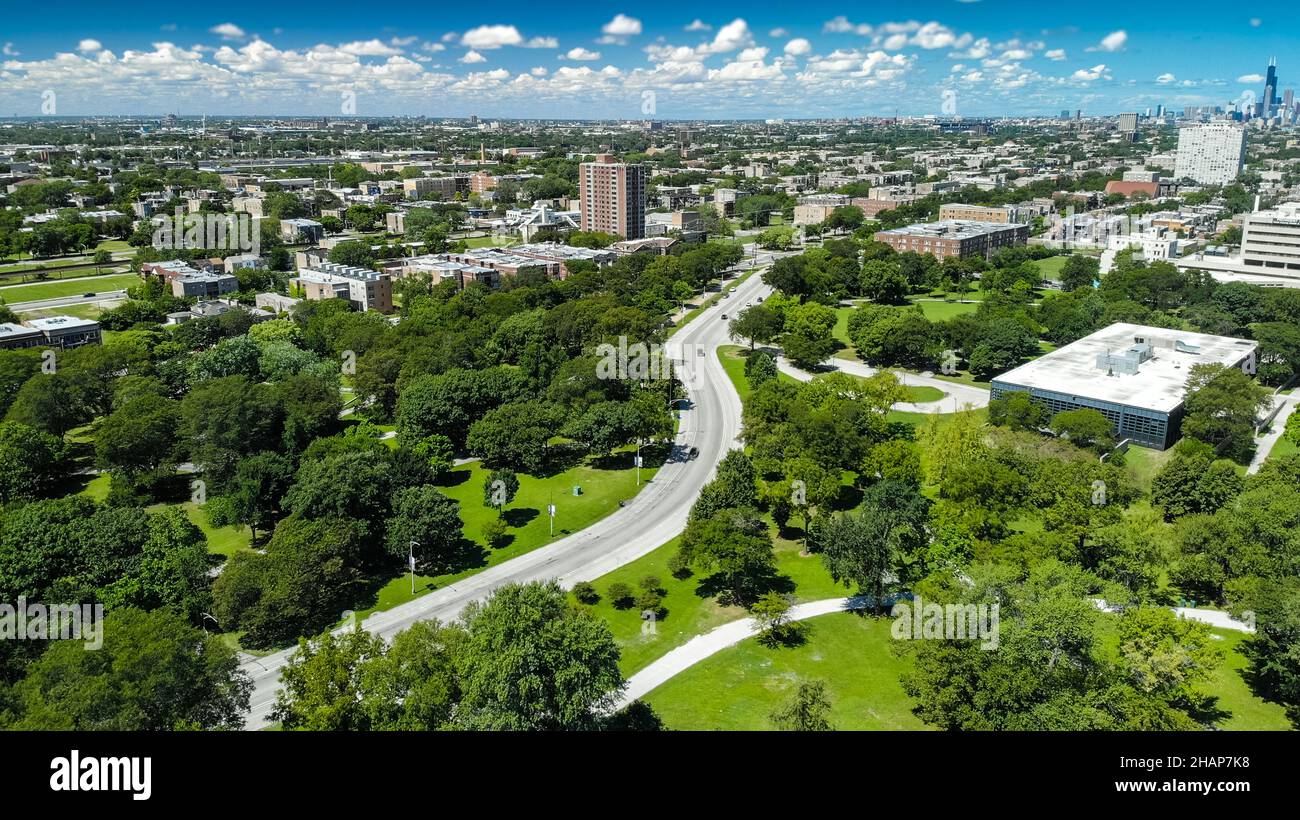 Aerial view of Chicago showing lots of Parkland with the downtown ...
