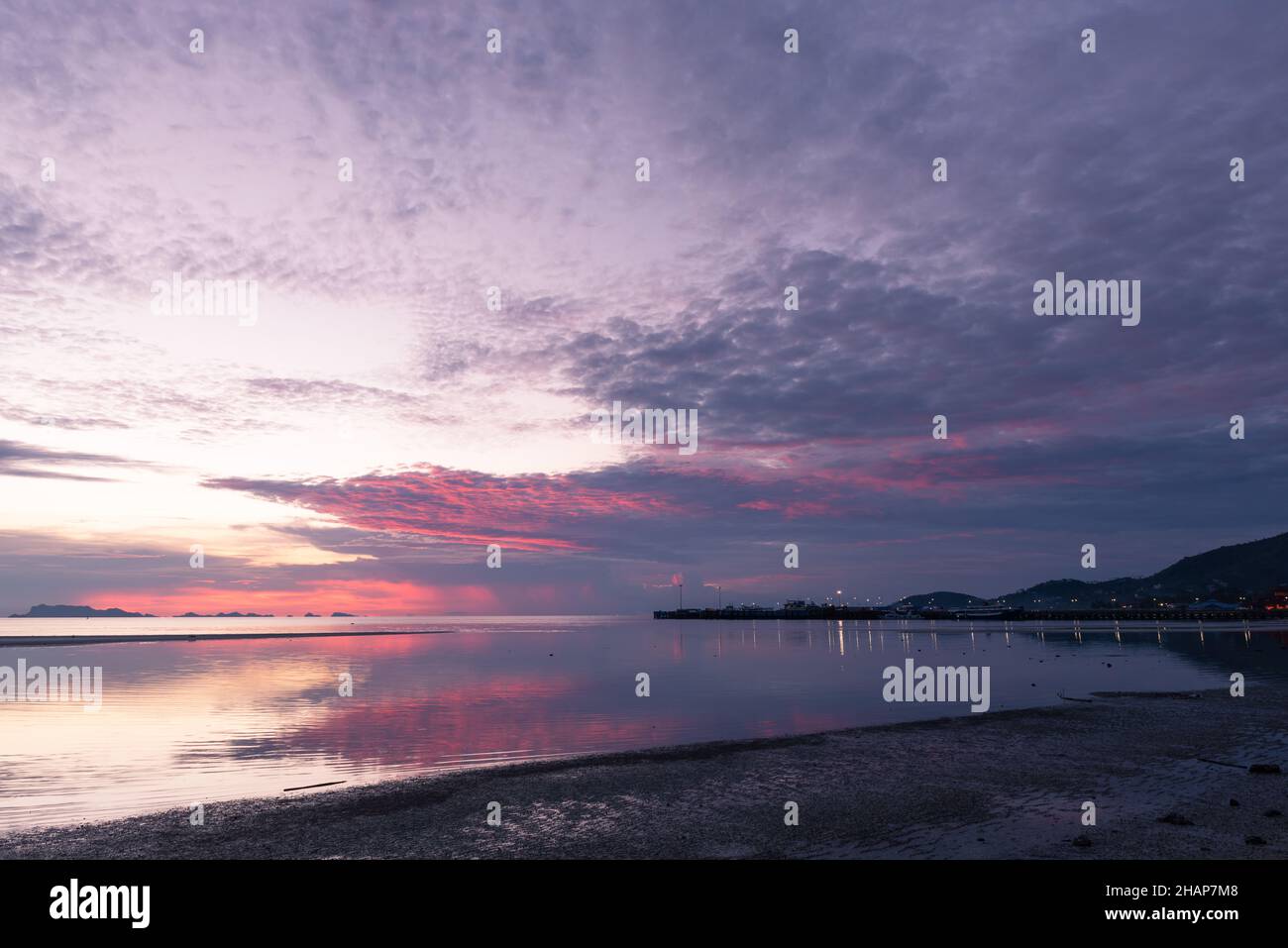 Panoramic tropical purple sea sky sunset with golden light background ...