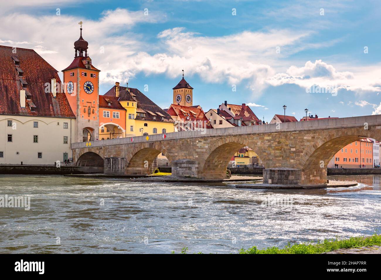Sunny stone Bridge and Regensburg bridge tower, Regensburg, eastern ...