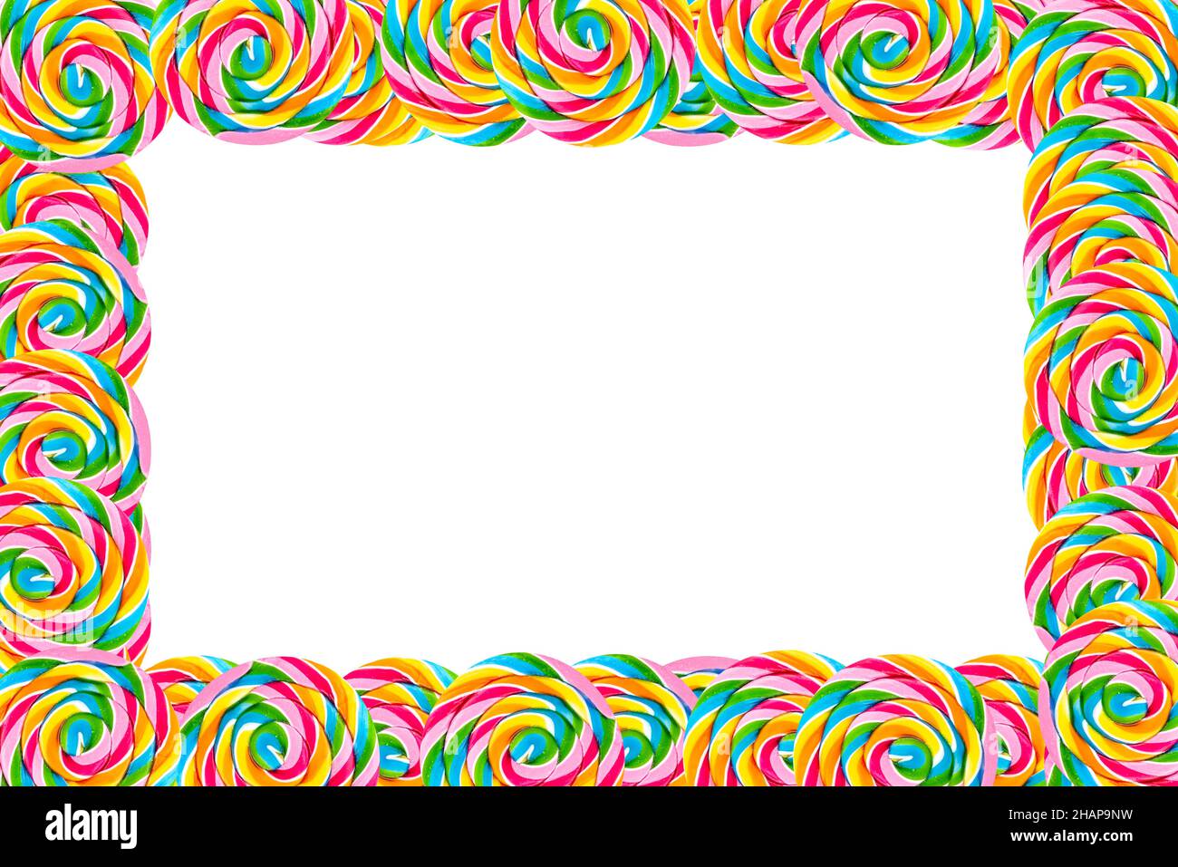 Frame made of multi-colored spiral rainbow lollipops, top view Stock ...