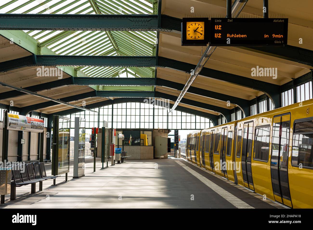 Modern subway. Yellow train at the station. Berlin, Germany - 05.17. ...