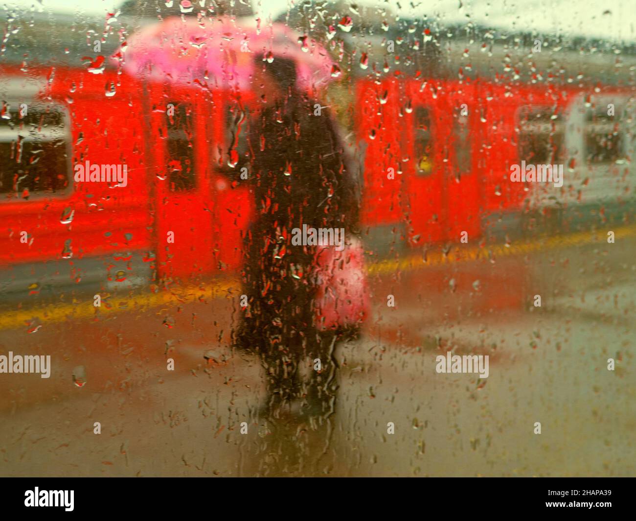 Rainy weather on the day of departure by commuter train. The man on the ...