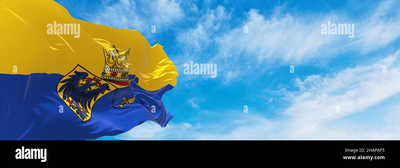 flag of Essen at cloudy sky background on sunset, panoramic view ...