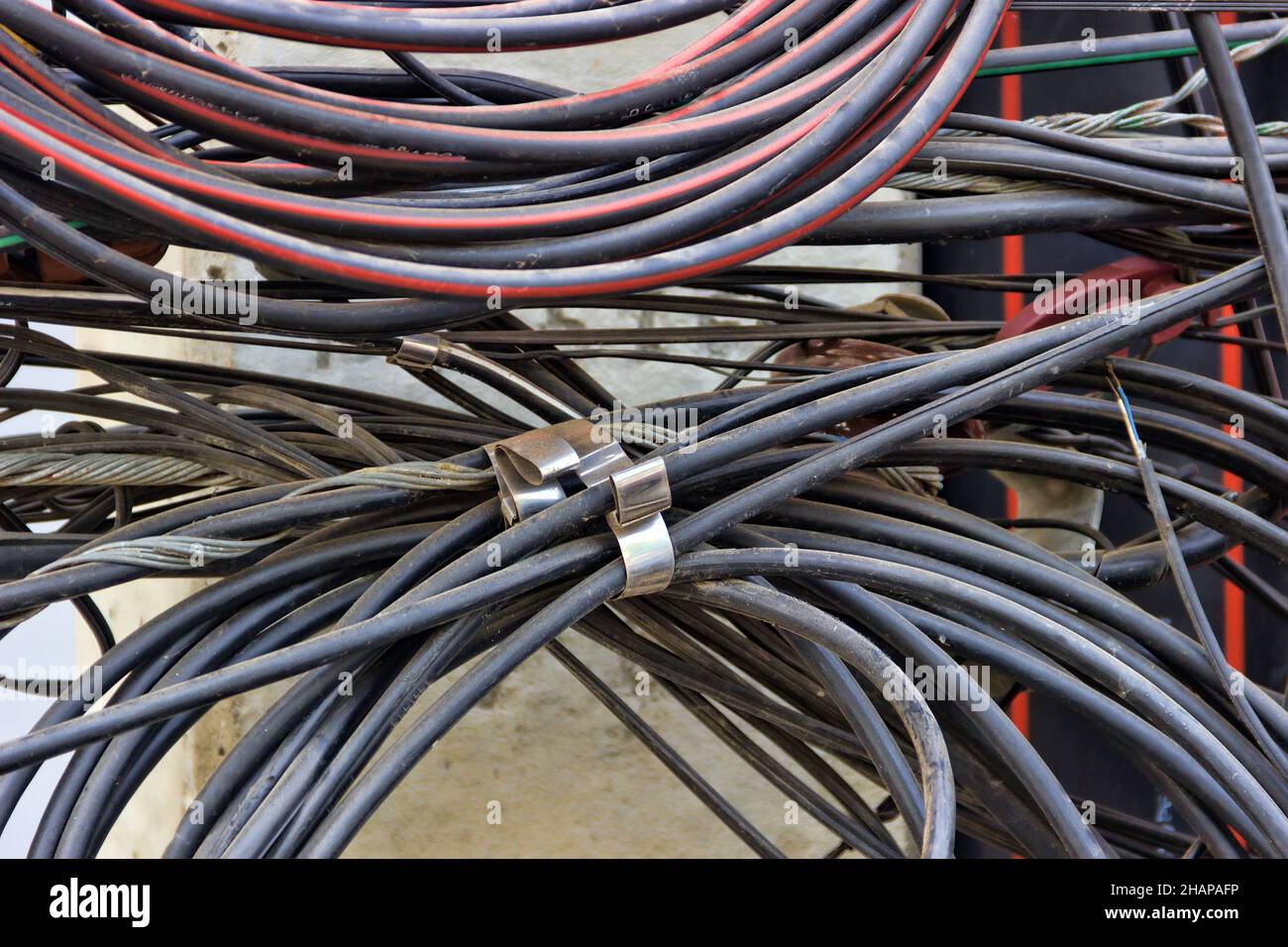 The chaos of cables and wires in any city of India as a typical part of ...