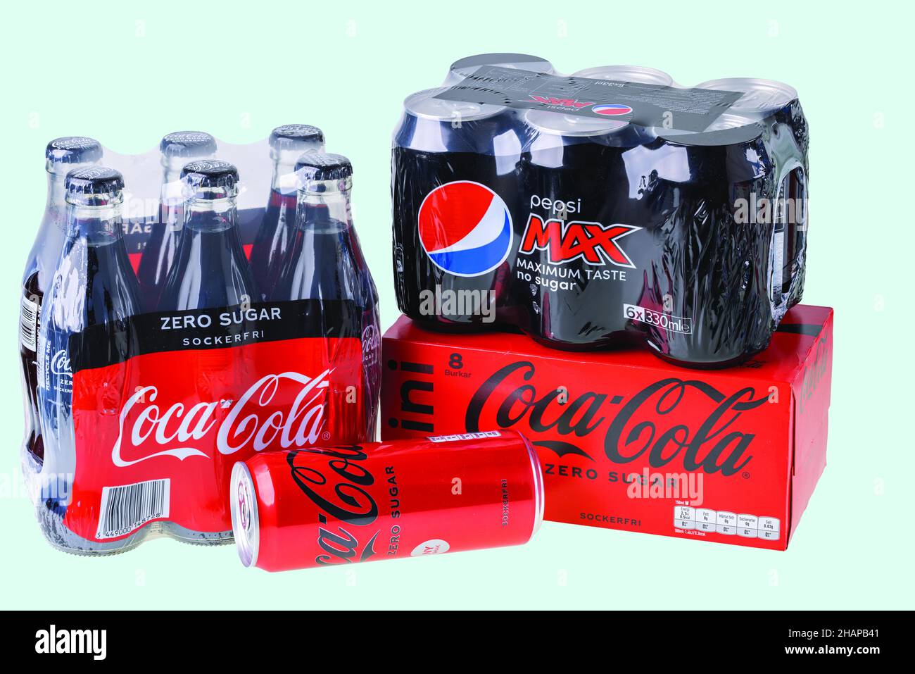 Close up view of different kinds of packages of Coca-Cola and Pepsi ...