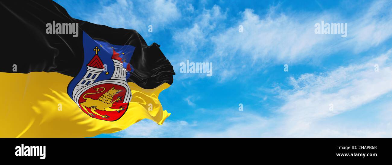 flag of Goettingen at cloudy sky background on sunset, panoramic view ...