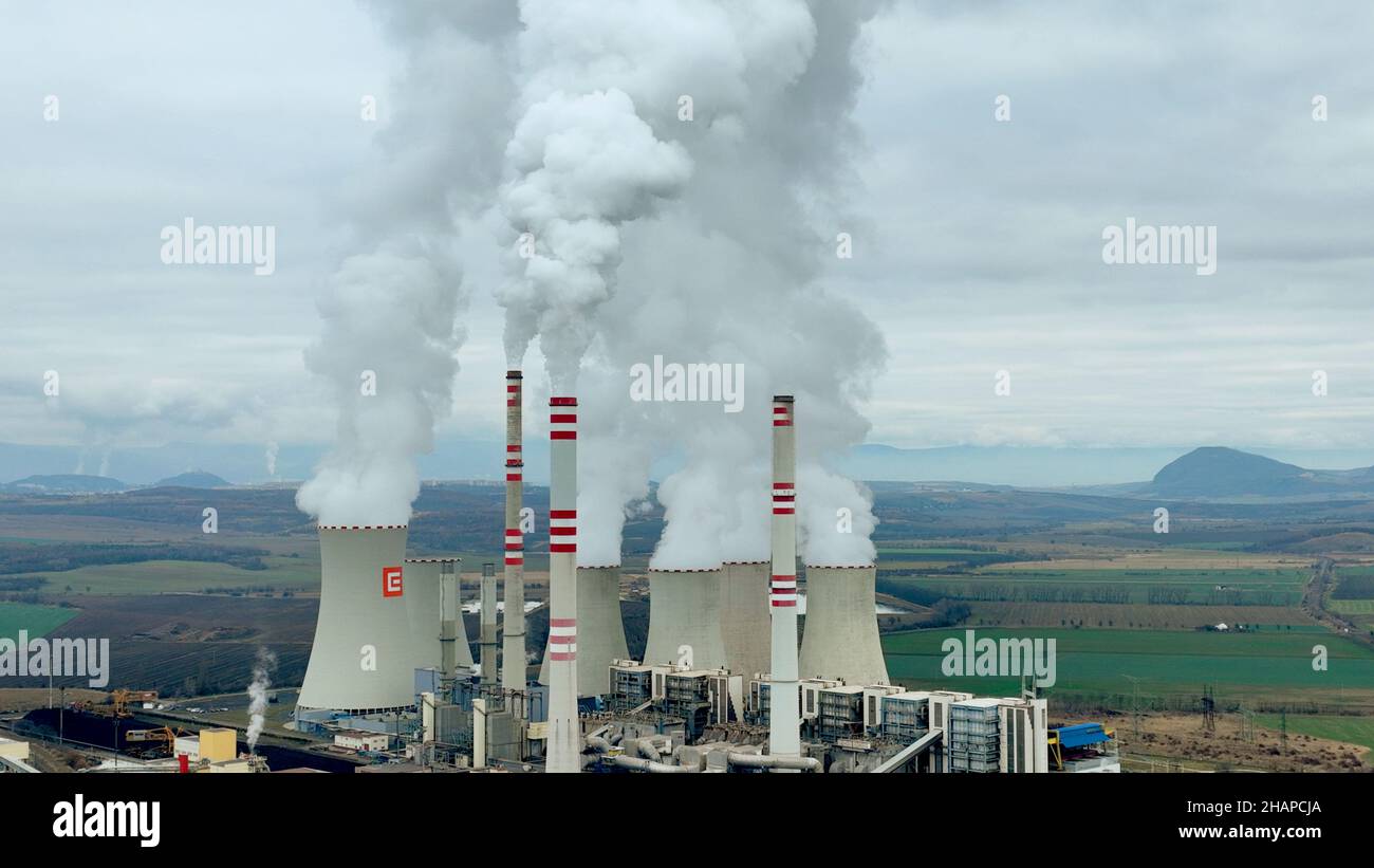 Coal brown fired power plant factory station Pocerady emission, chimney ...