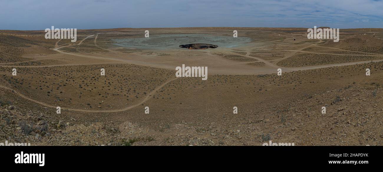 Panorama of Darvaza Derweze gas crater called also The Door to Hell in ...