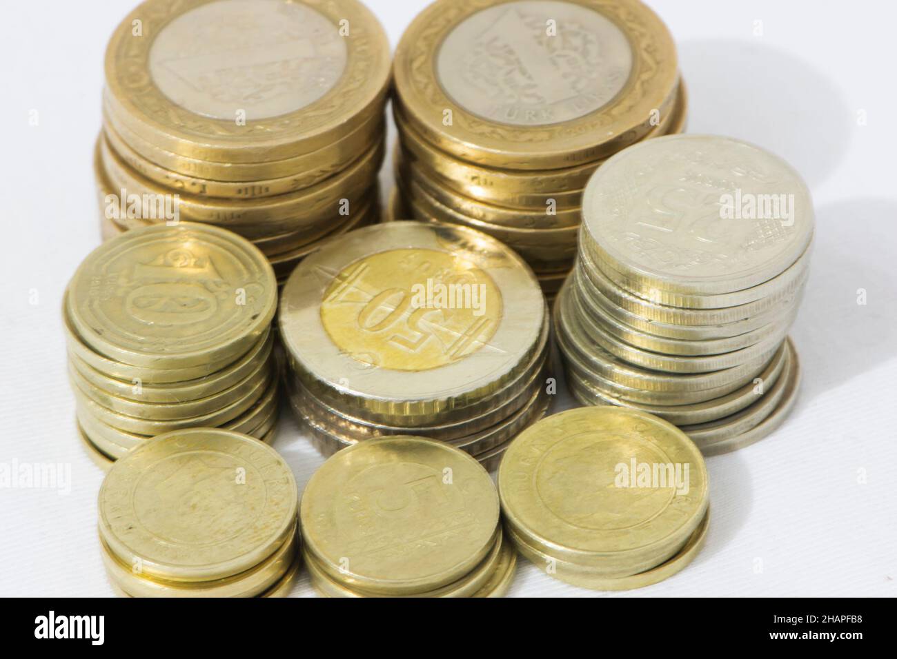 Top view of the stacks of Turkish lira coins Stock Photo - Alamy