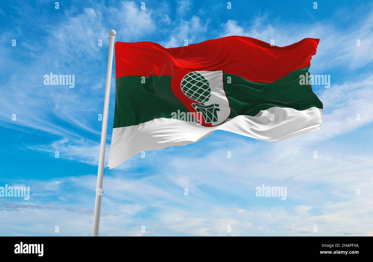 flag of Augsburg at cloudy sky background on sunset, panoramic view ...