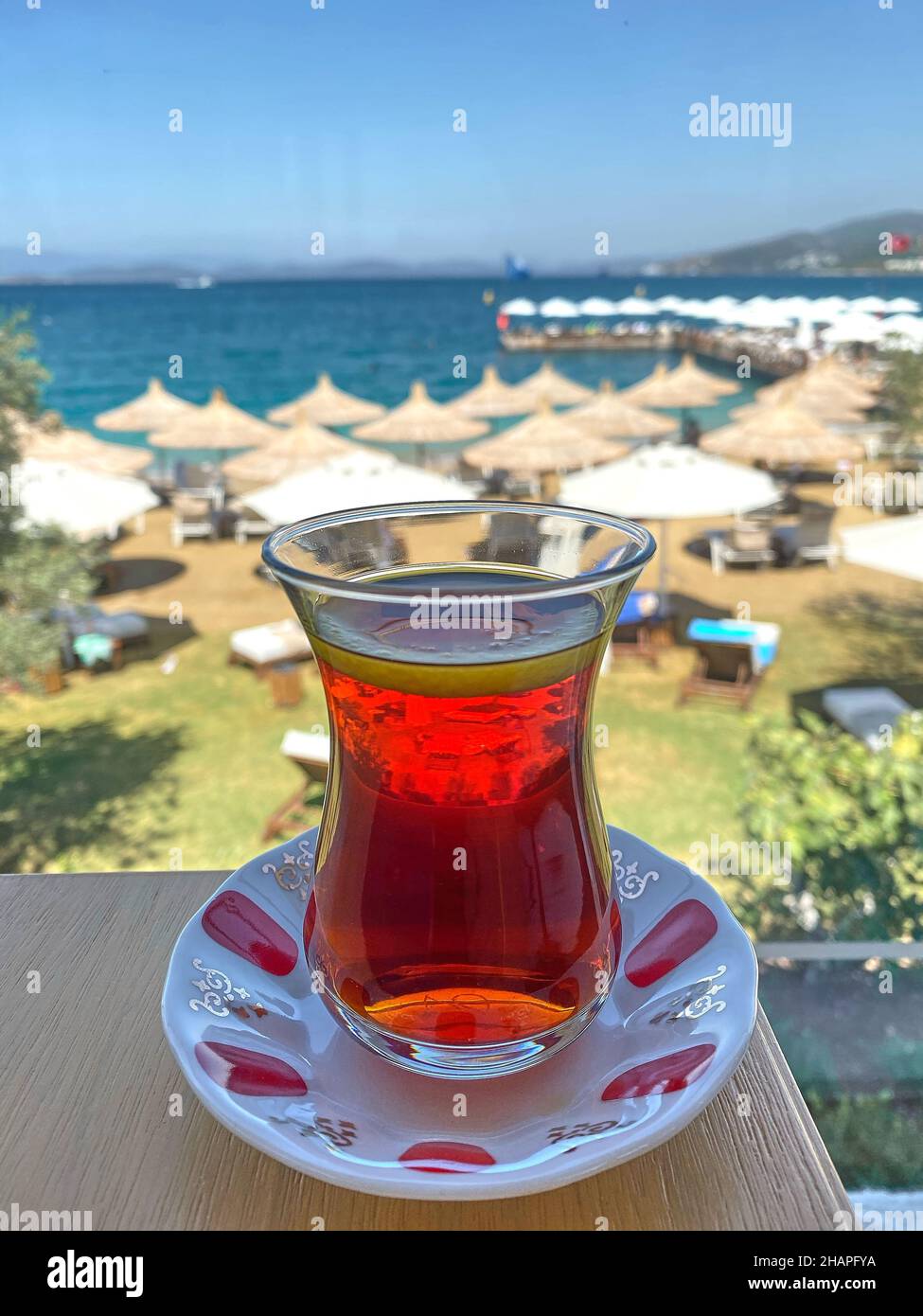 Turkish tea and sea view in background Stock Photo - Alamy