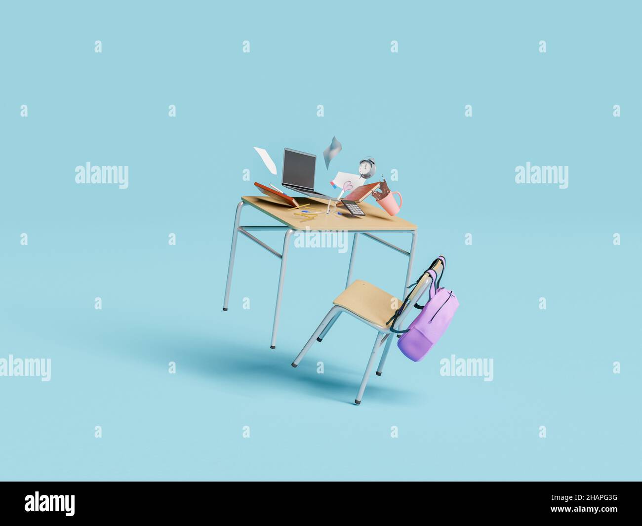 school desk with backpack hanging on the chair and school supplies ...