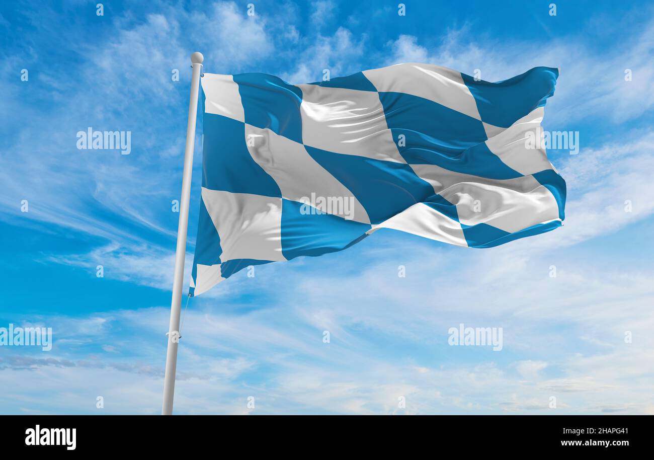 flag of Bavaria lozengy at cloudy sky background on sunset, panoramic ...