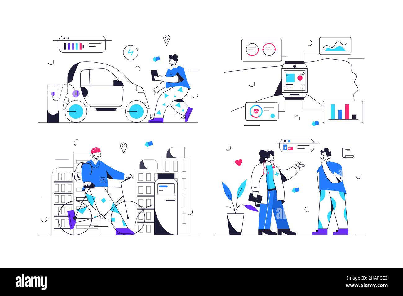 Electric car, smart watch, bicycle, doctor visit set Stock Vector Image ...