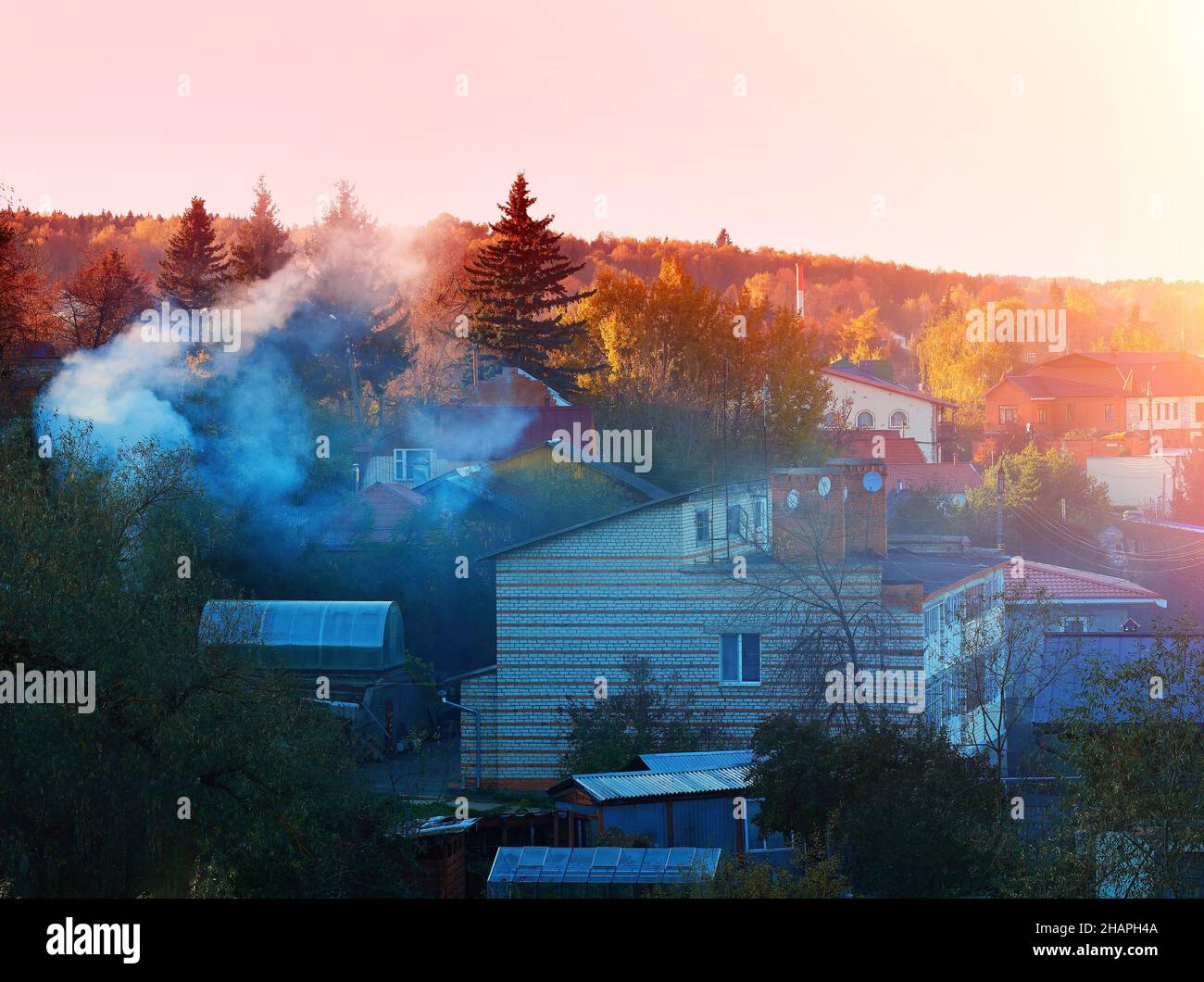 Small town at autumn time landscape background Stock Photo - Alamy
