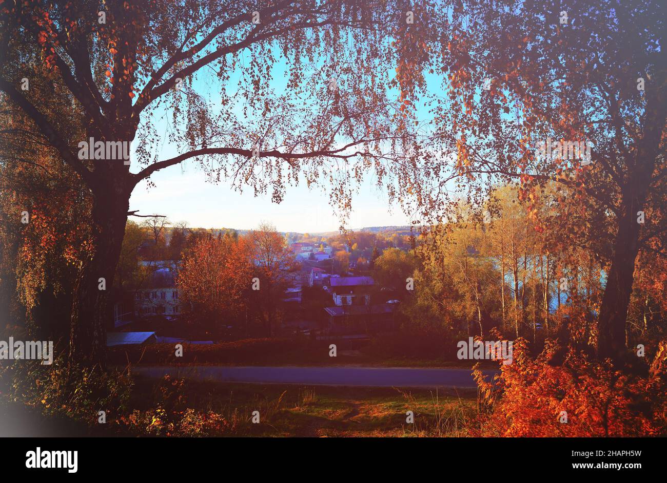 Autumn at small town city landscape backdrop Stock Photo - Alamy