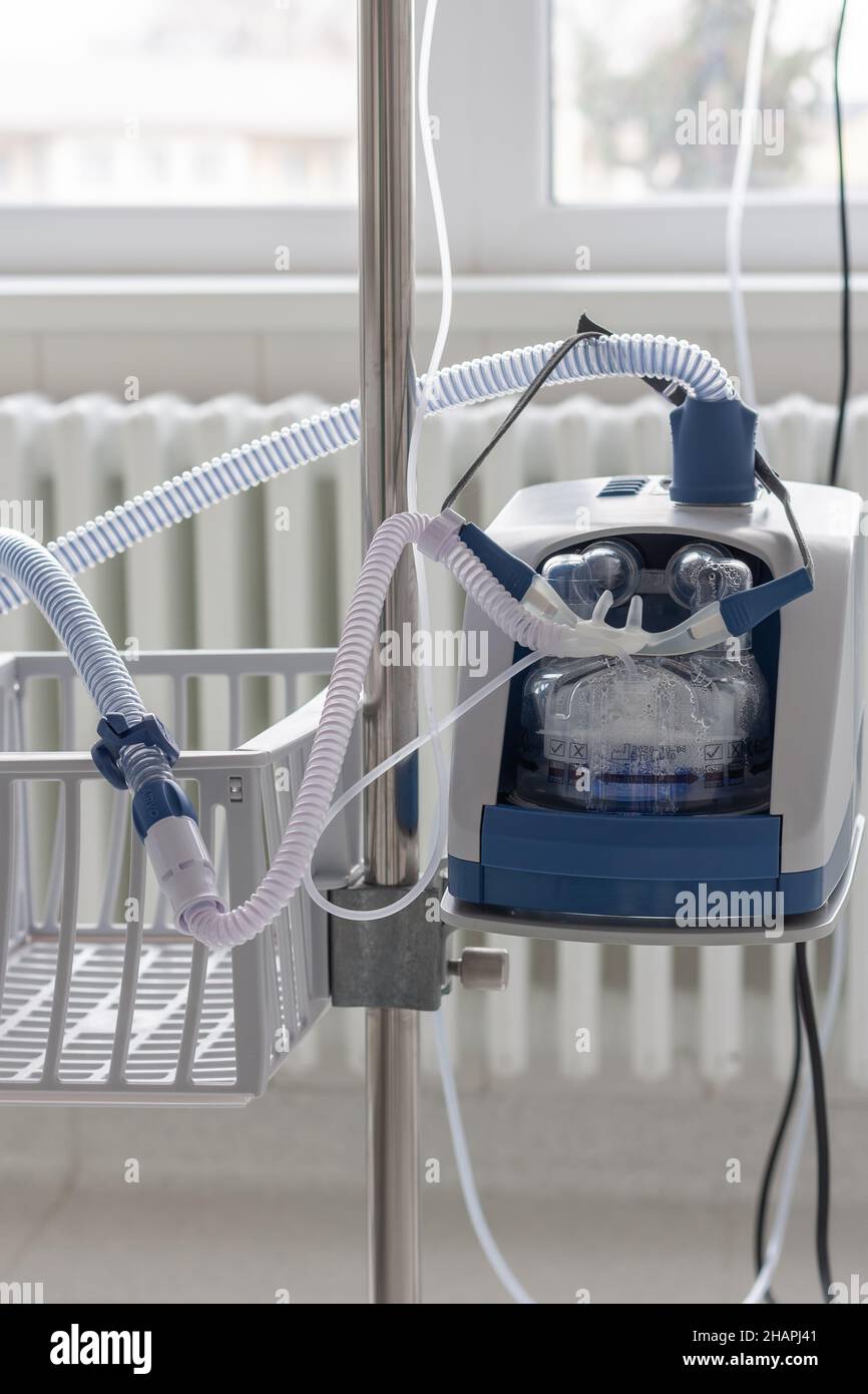 High-flow oxygen device in ICU in hospital. High-flow oxygen therapy is ...