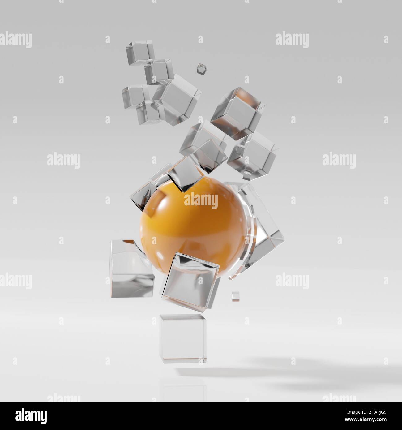 3d Rendering Illustration Of An Orange Ball And Exploding Cubes Isolated On A White Background