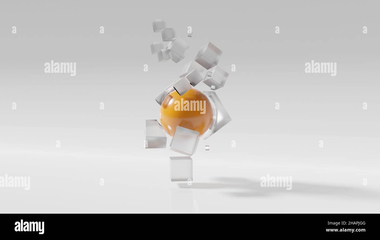 3d Rendering Illustration Of An Orange Ball And Exploding Cubes Isolated On A White Background