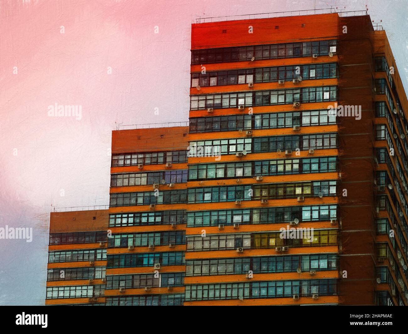 Vintage cyberpunk buildings during sunset illustartion background Stock ...