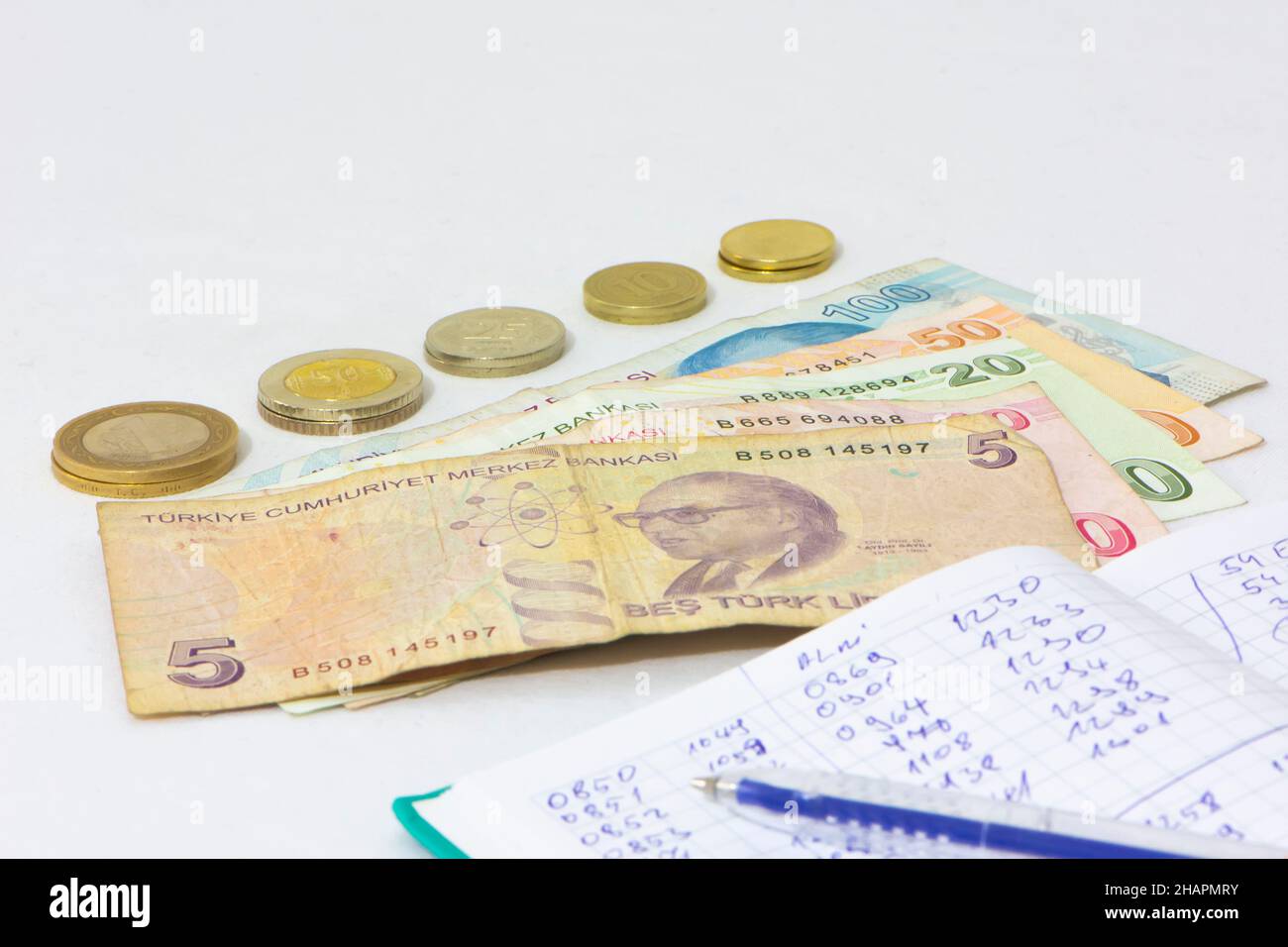Turkish lira banknotes and coins, pen and notes with numbers isolated ...