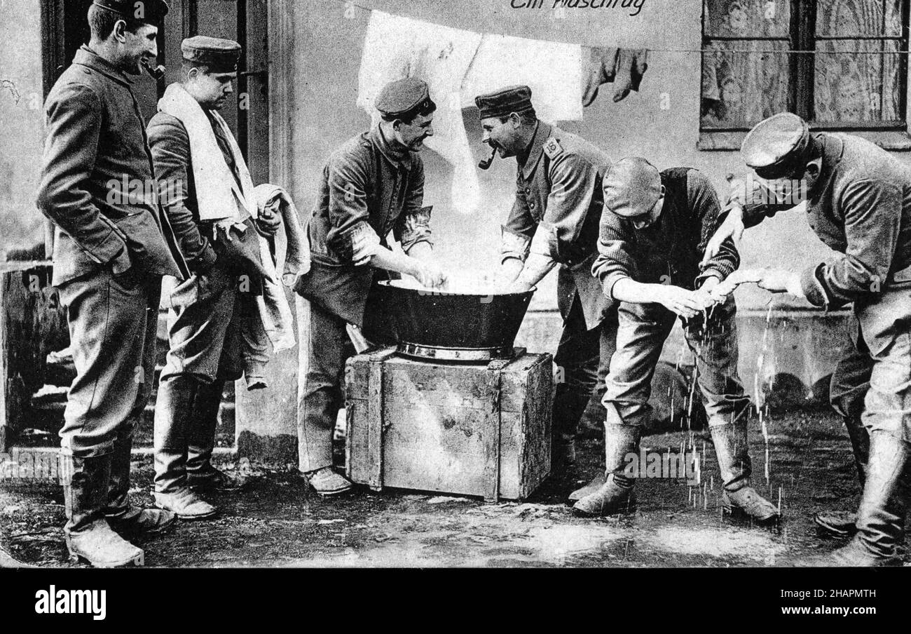 World War 1, soldiers in the stage washing clothes, 1916, Woolhynia ...