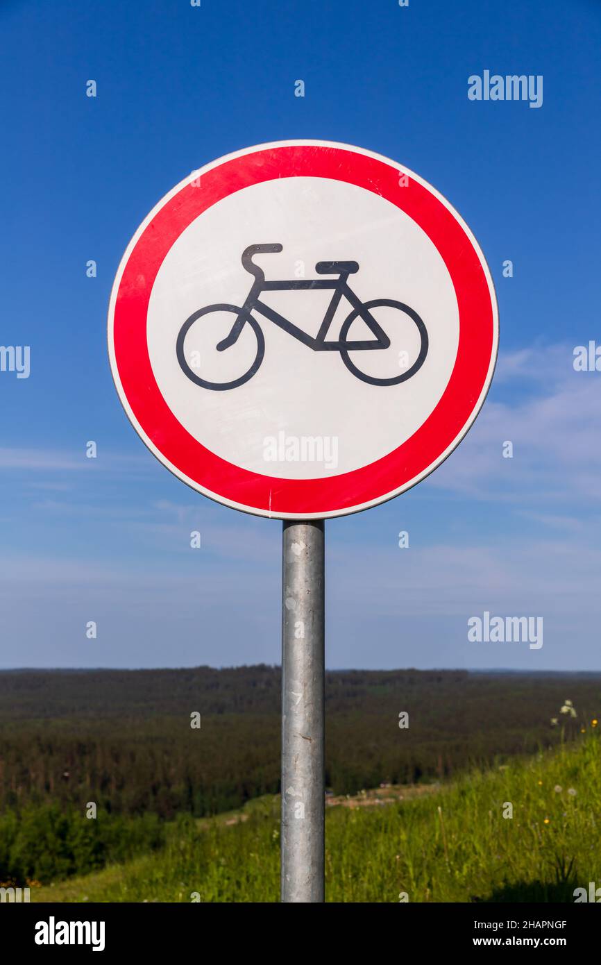 No bikes. Round prohibition road sign, close up vertical photo Stock ...