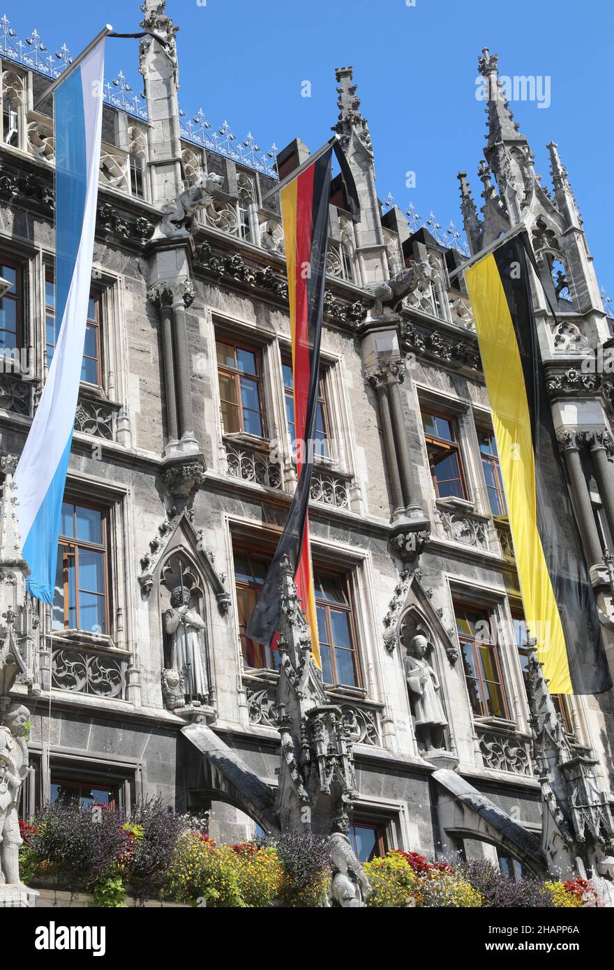 Three Long flags symbolizing the colors of the city of Munich and the ...