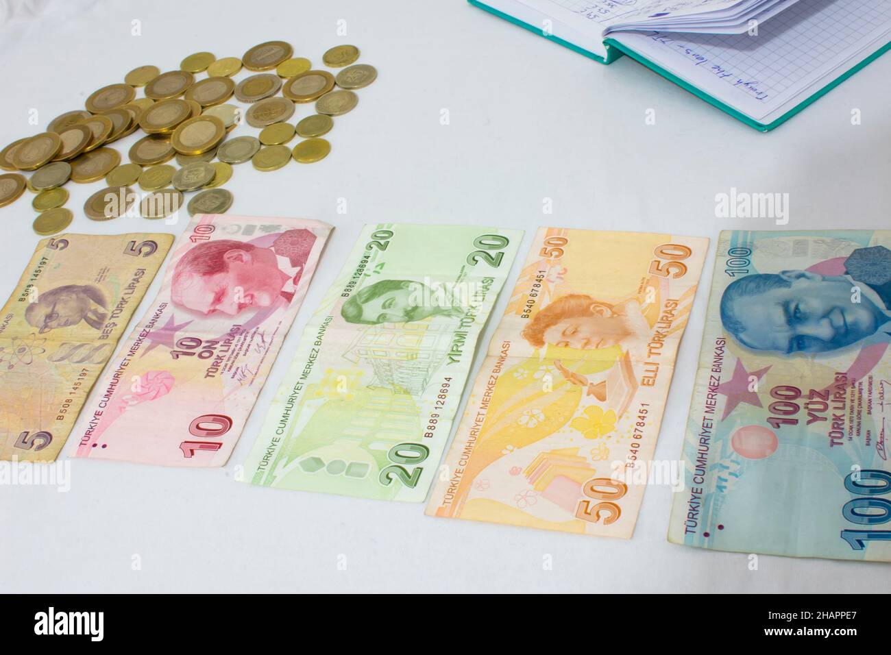 Turkish lira banknotes and coins and notes isolated on the white ...