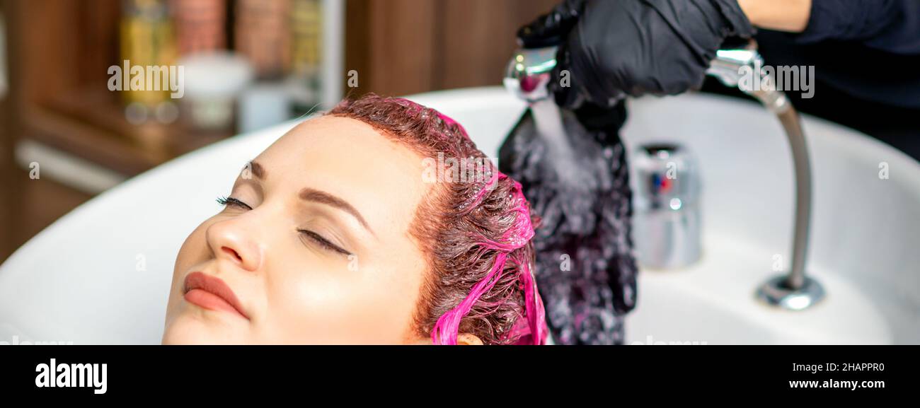 Washing dyed female hair. Professional hairdresser washes pink color ...