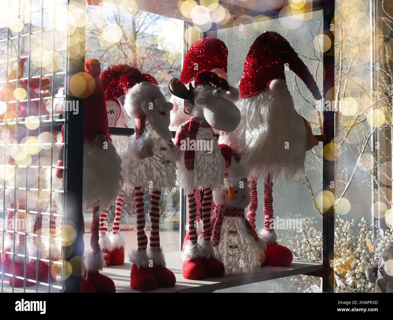 Christmas stuffed toys of animals and Santa Claus in gat on Xmas shop ...