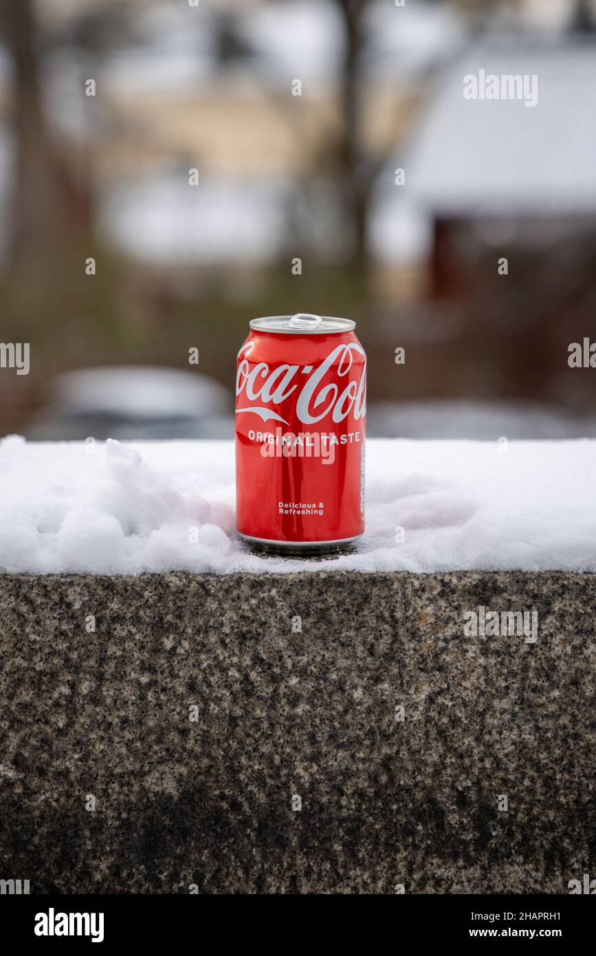 Coca cola can left in the city on the snow. Coca-cola is one of the ...