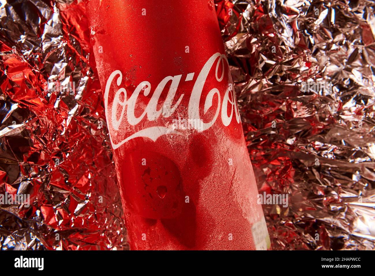 KHARKIV, UKRAINE - DECEMBER 14, 2021: A can of Coca Cola drink. The ...