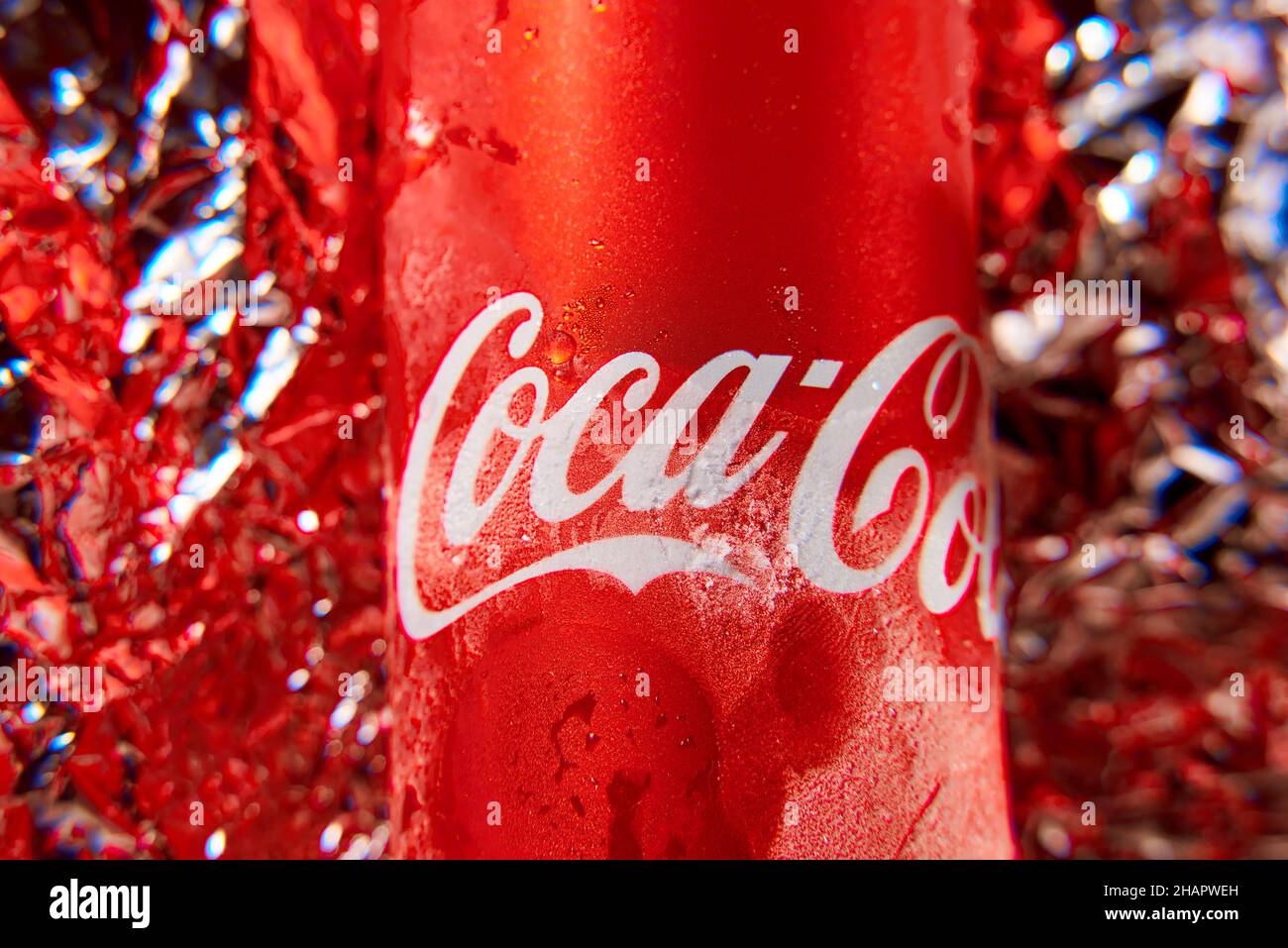 KHARKIV, UKRAINE - DECEMBER 14, 2021: A can of Coca Cola drink. The ...