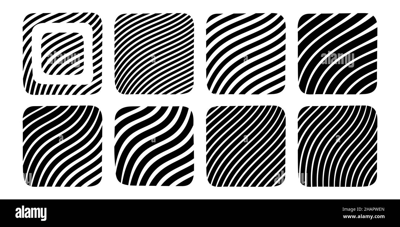 Set of eight striped square shapes with rounded corners, isolated on ...