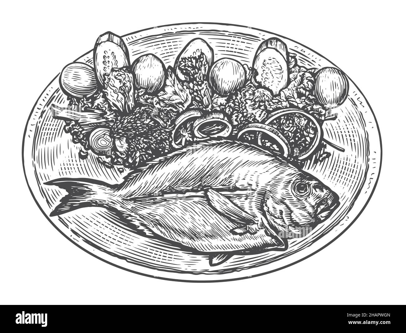 Fish cooked with garnish on platter. Seafood cuisine. Food sketch ...