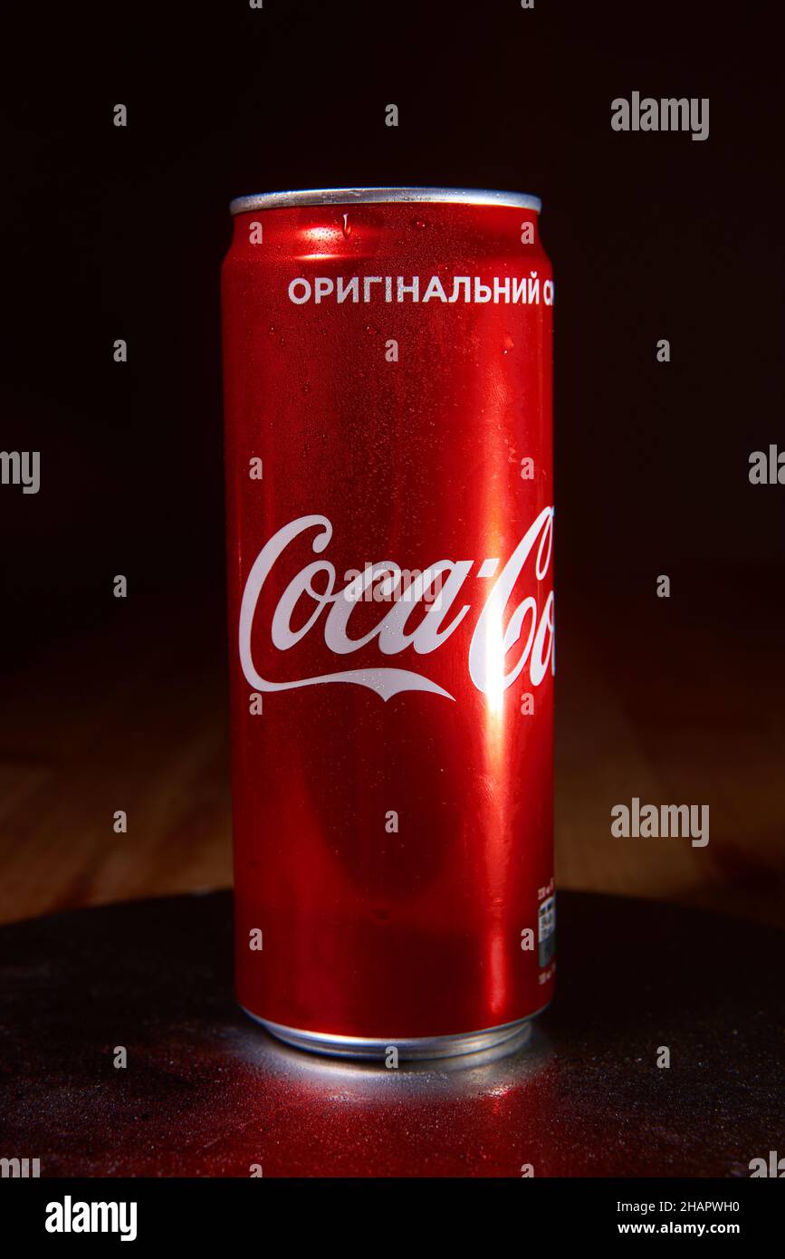 KHARKIV, UKRAINE - DECEMBER 14, 2021: A can of Coca Cola drink. The ...