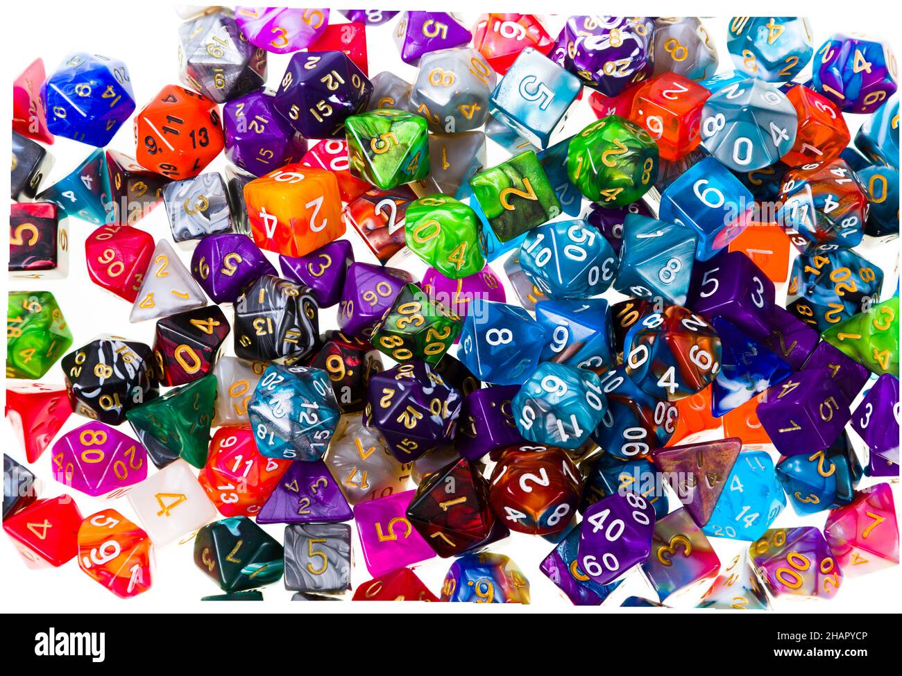 Multicolored gaming dice over a white background Stock Photo - Alamy