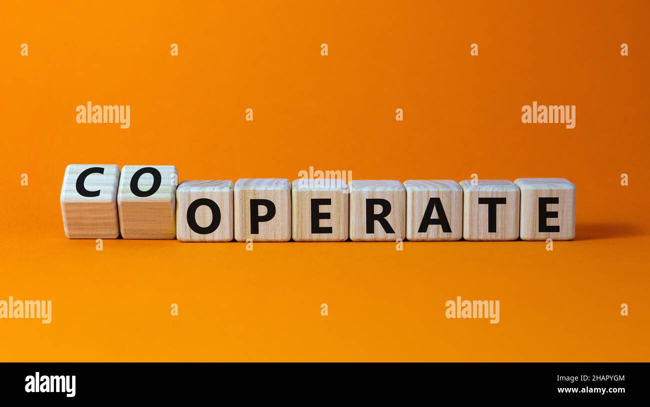 Operate and cooperate symbol. Businessman turns wooden cubes and ...