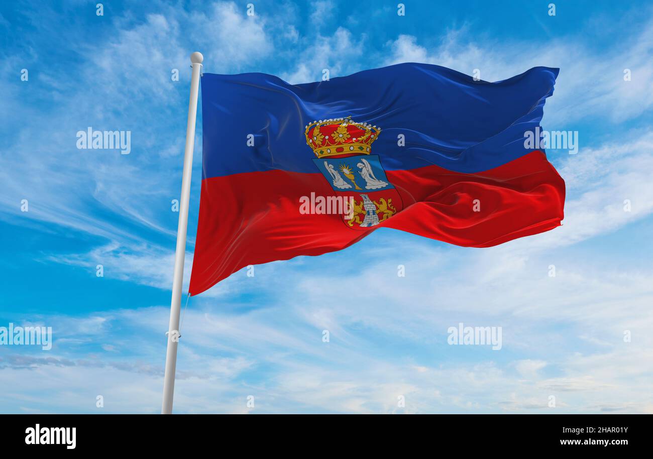 flag of Lugo province , Spain at cloudy sky background on sunset ...