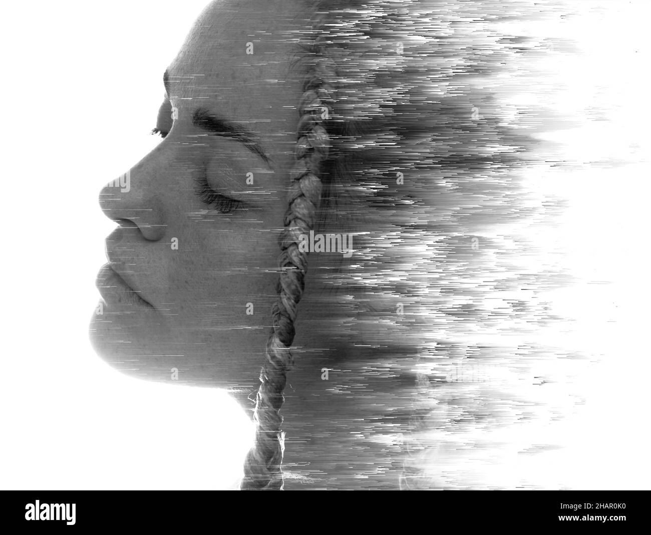 A portrait of a woman combined with digital art in a double exposure ...