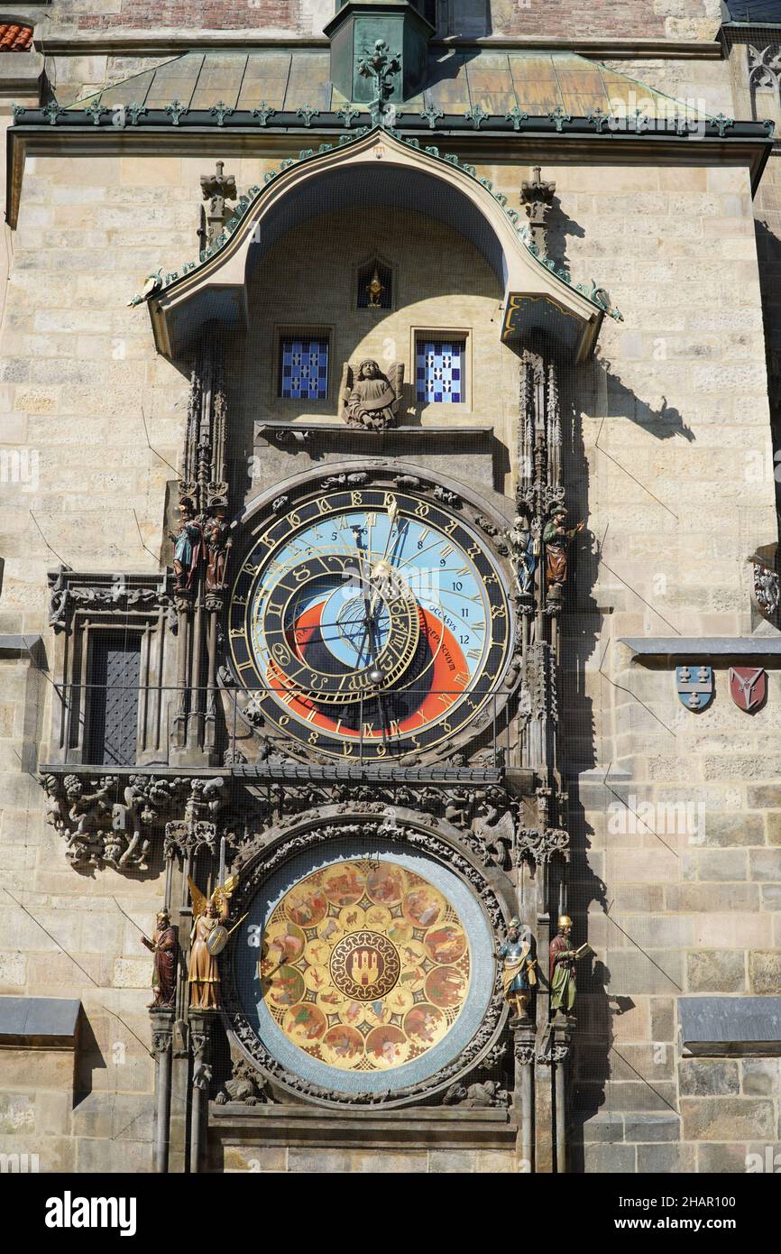 Low angle shot of the Prague Astronomical Clock tower in Prague Stock ...